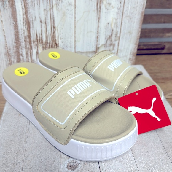 Puma | Shoes | Puma Nwt Karma Slide Putty Tan White Logo Slip On ...